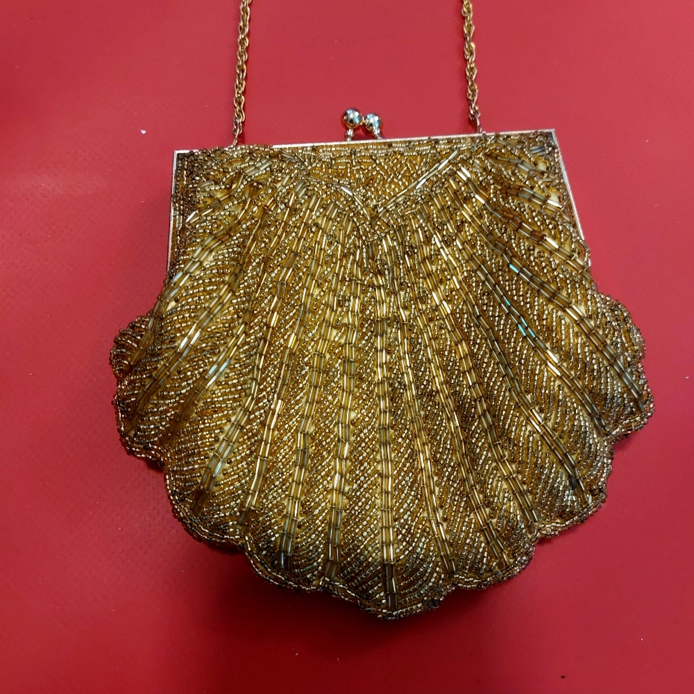 La Regale Gold Beaded Clutch Cross Body Handbag - Gem